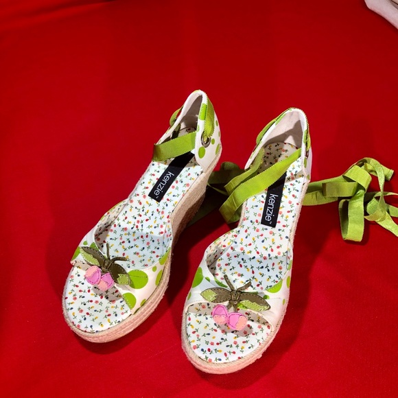 kenzie | Shoes | Kenzie Polka Dot White Pink Green Wedge Tie Heel 6 ...